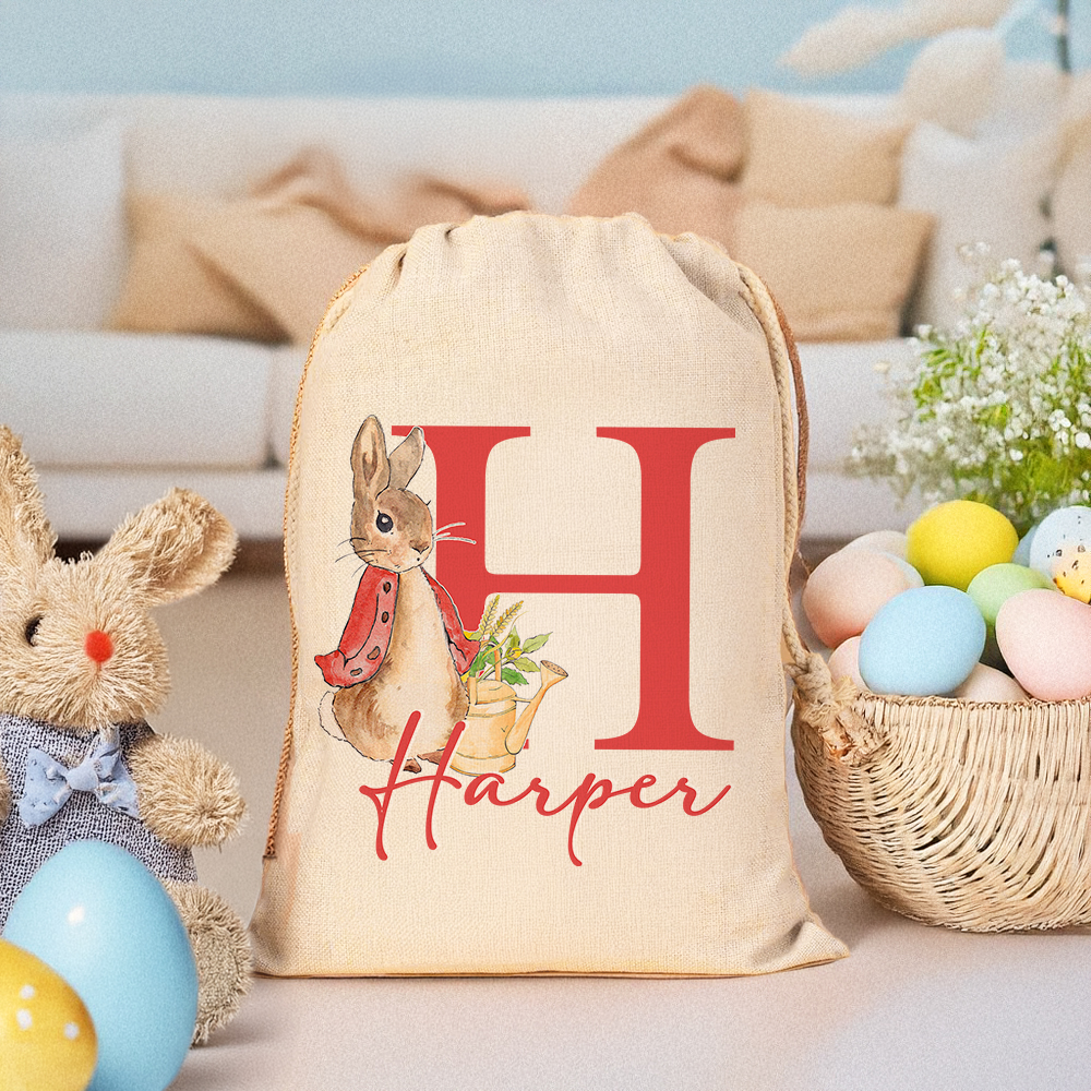 Personalized Cute Easter Bunny Drawstring Gift Bag with Initial and Name Easter Birthday Gift ...