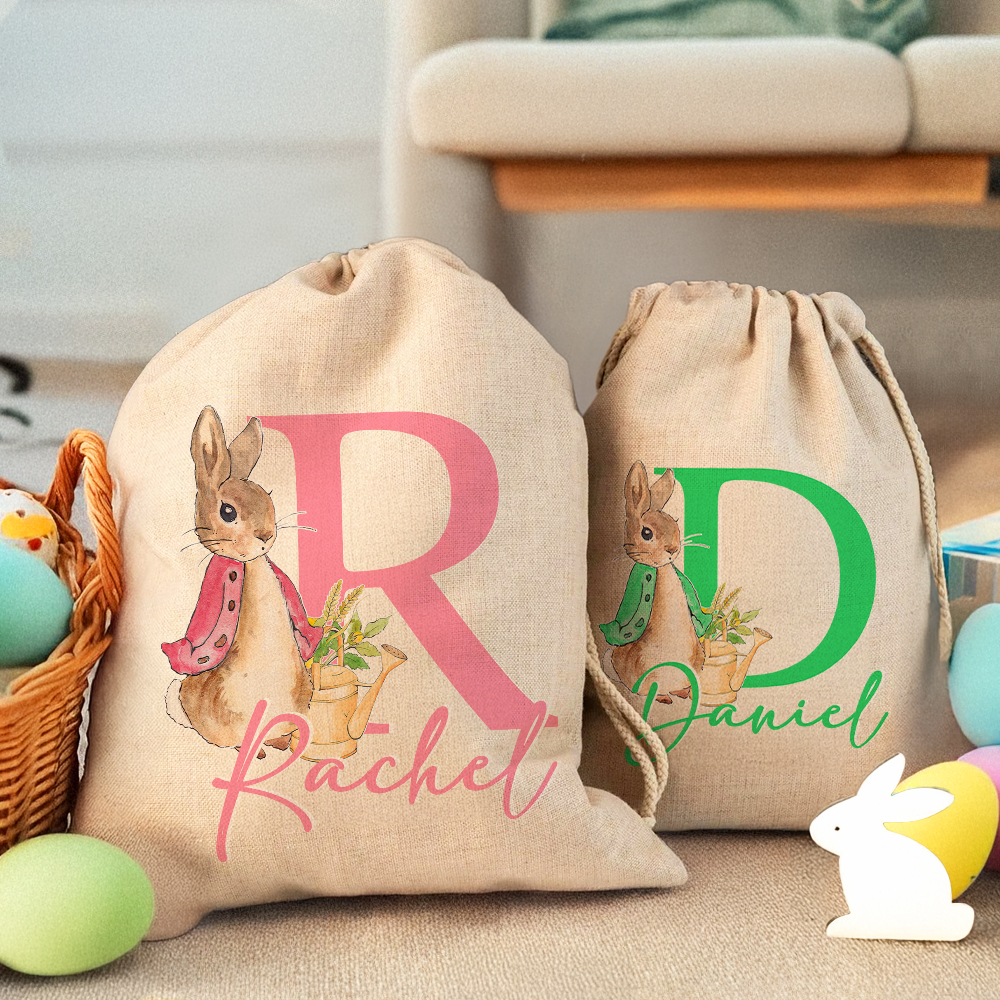 Personalized Cute Easter Bunny Drawstring Gift Bag with Initial and ...
