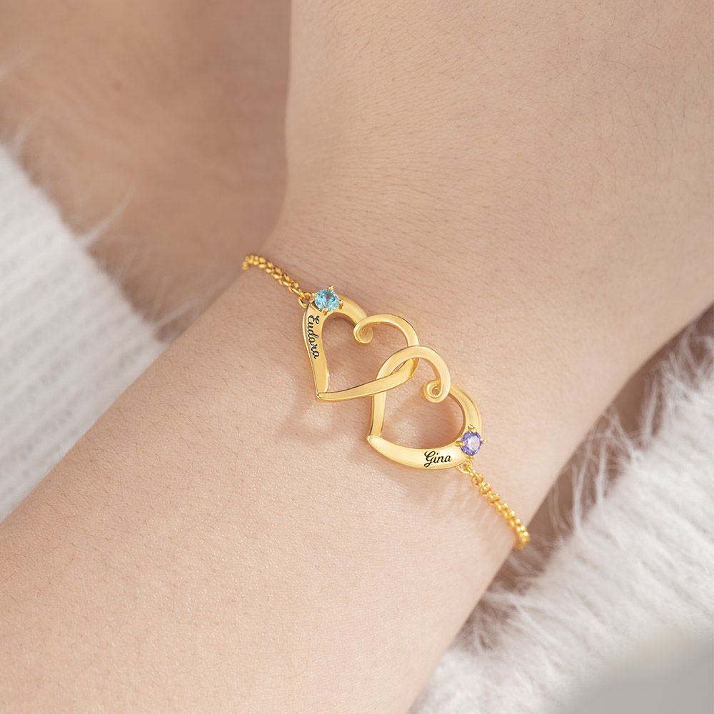 Custom 2 Names & Birthstones Heart Bracelet for Girlfriend Wife - CALLIE