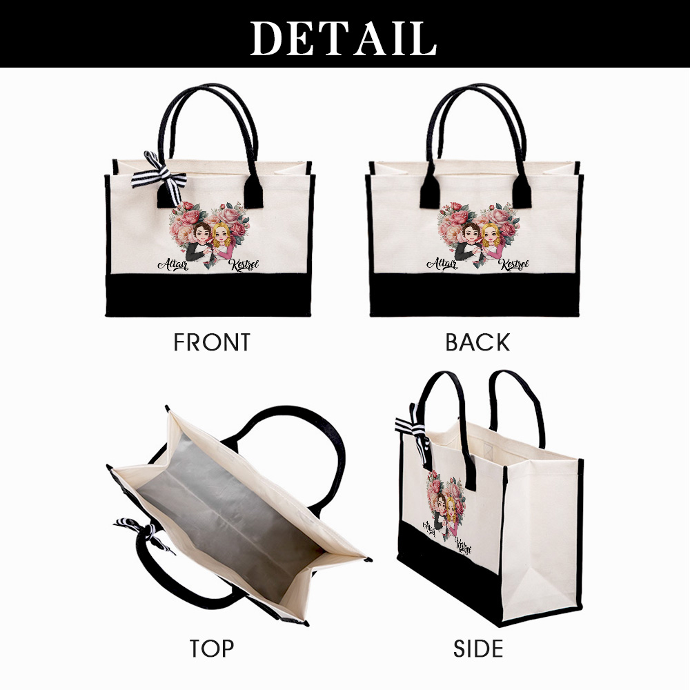 Personalized Heart Flower Cartoon Character Large Canvas Tote Bag with ...