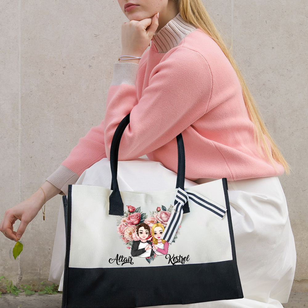Personalized Heart Flower Cartoon Character Large Canvas Tote Bag with ...