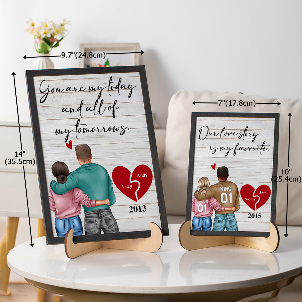 Personalized Heart Couple Character Wood Frame Painting with Name and ...