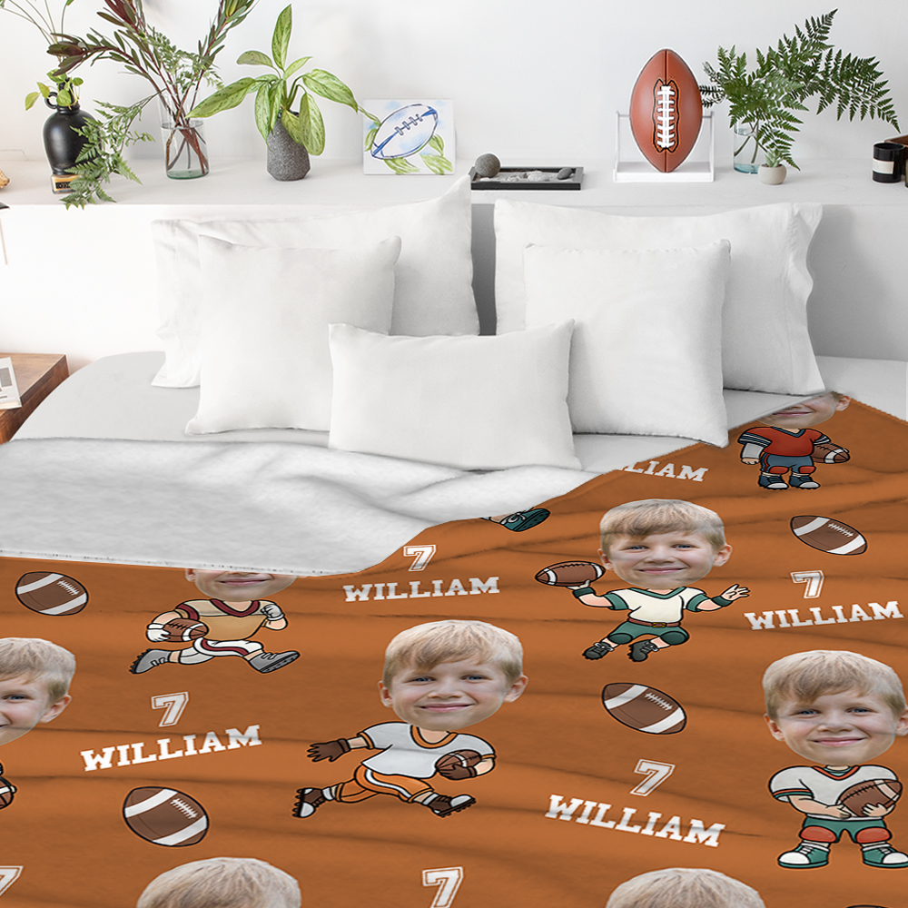 Personalized Cartoon Face Photo Football Player Soft Throw Blanket with ...