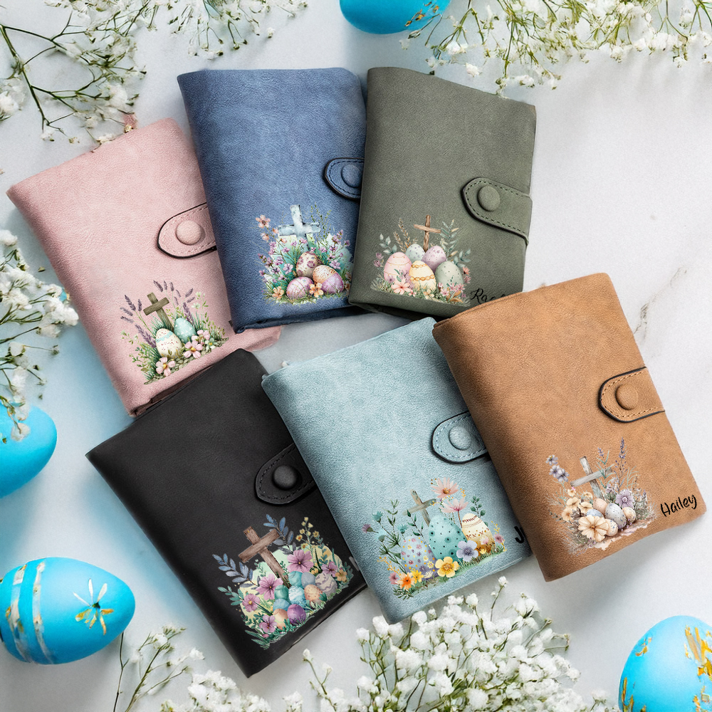 Personalized Portable Floral Cross Easter Eggs Leather Tri-Folded ...