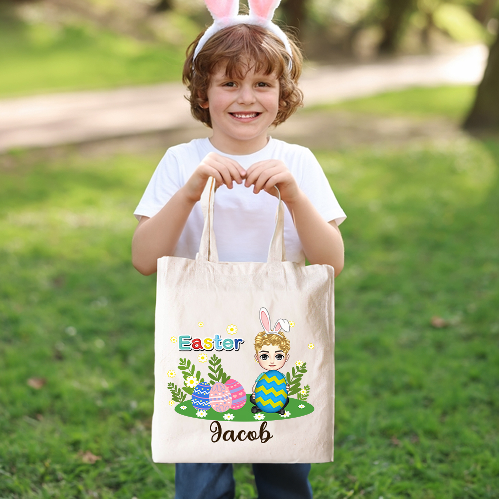 Personalised Easter Eggs Grassland Cartoon Character Name Canvas Tote Bag Party Favor Easter ...