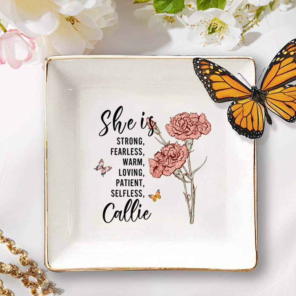 Personalised She Is Strong Birth Flower Square Ceramic Trinket ...