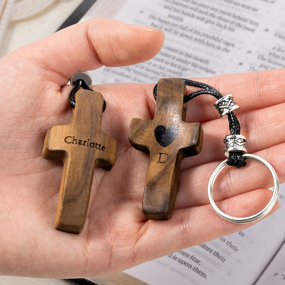 Personalized Wooden Cross Heart Keychain with Engraved Initial and Name ...