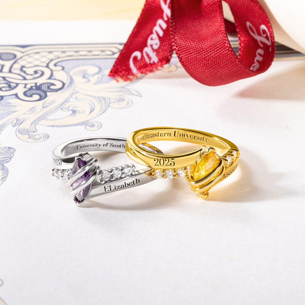 Personalized Graduation Birthstone Ring with Engraved Text and Zircons ...