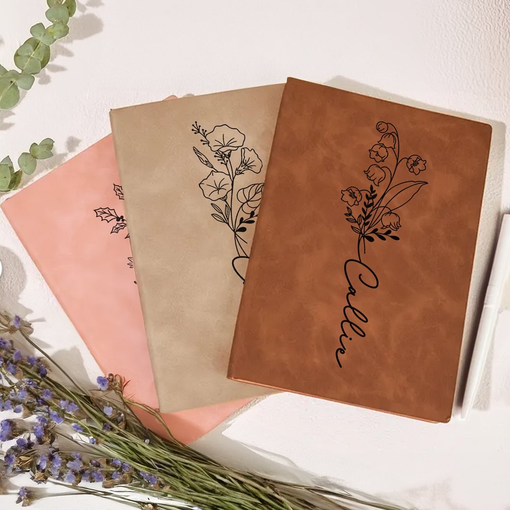 Personalized Leather Birth Flower Journal Notebook with 200 Line Pages ...