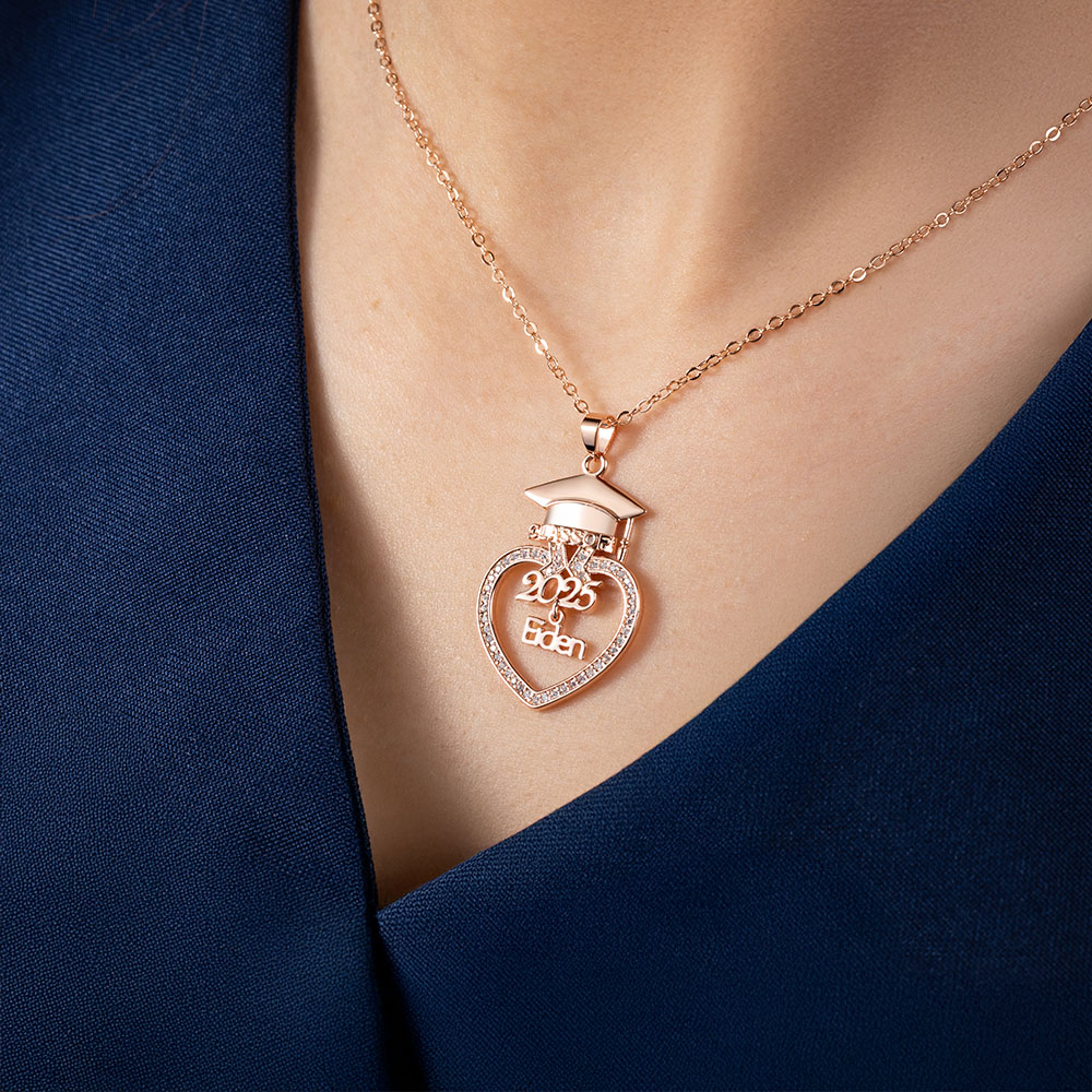 Personalized Grad Cap Zircon Heart Necklace with Name and Year Class of ...