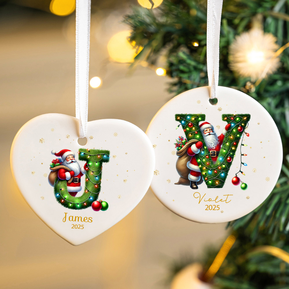 Personalised Santa Claus Woodland Initial Round Ceramic Christmas ...