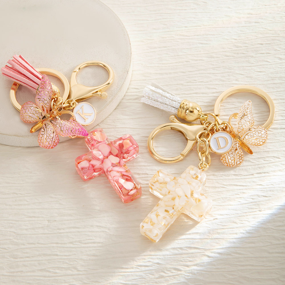 Personalised Gradient Butterfly Cross Charm Keychain with Initial and ...