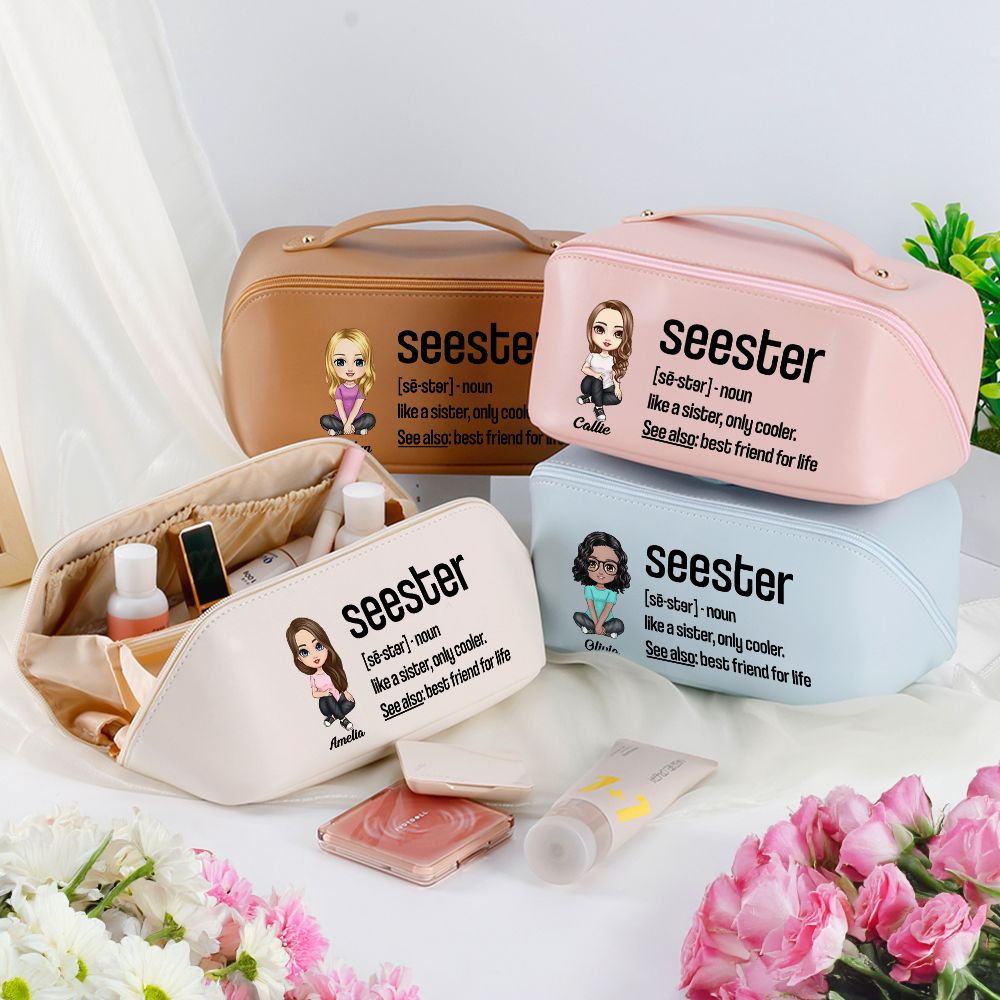 Personalized Seester Definition Cartoon Leather Wide Opening Makeup Bag ...