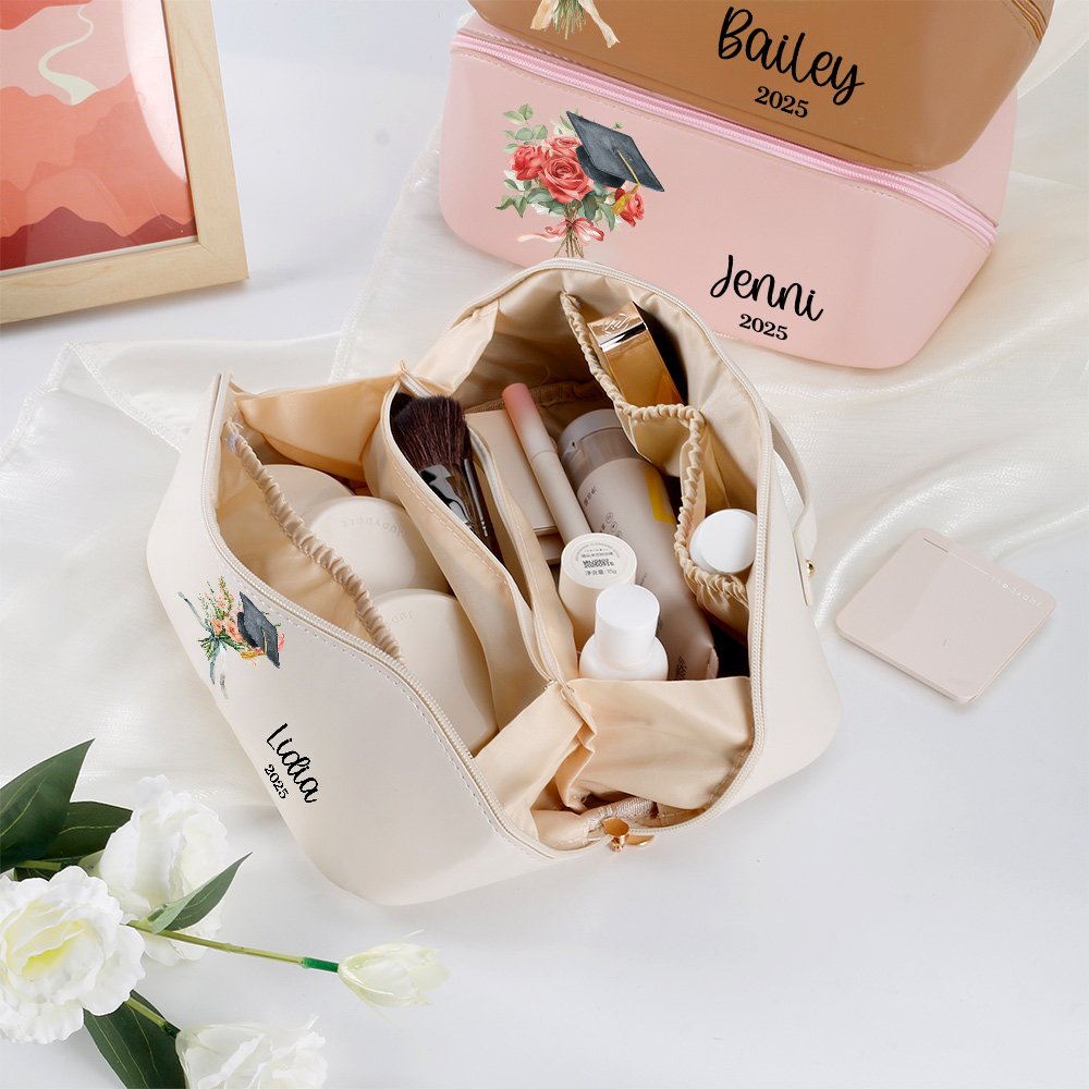 Personalized Birth Flower Graduation Cap PU Leather Wide Open Makeup ...