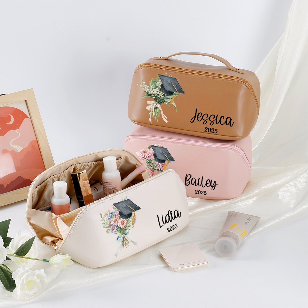 Personalized Birth Flower Graduation Cap PU Leather Wide Open Makeup ...