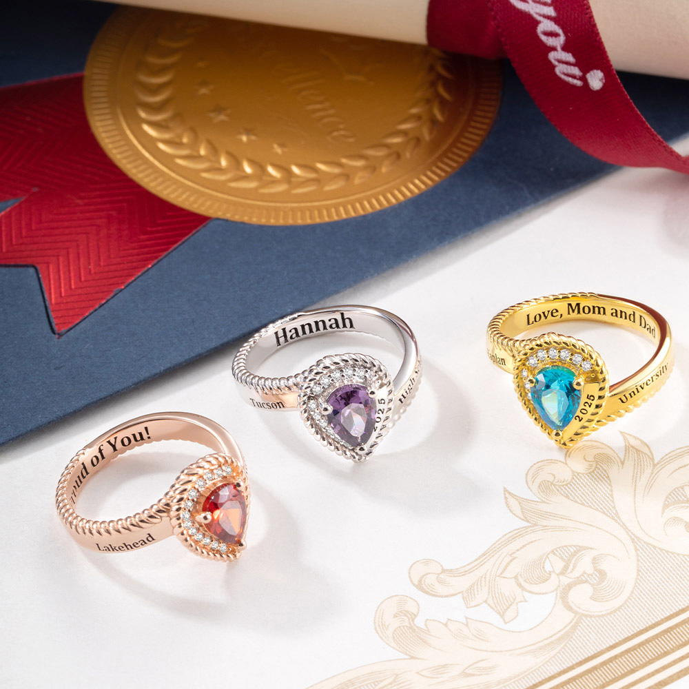 Personalized Class Ring with Engraved 2 School Names Teardrop-shaped ...