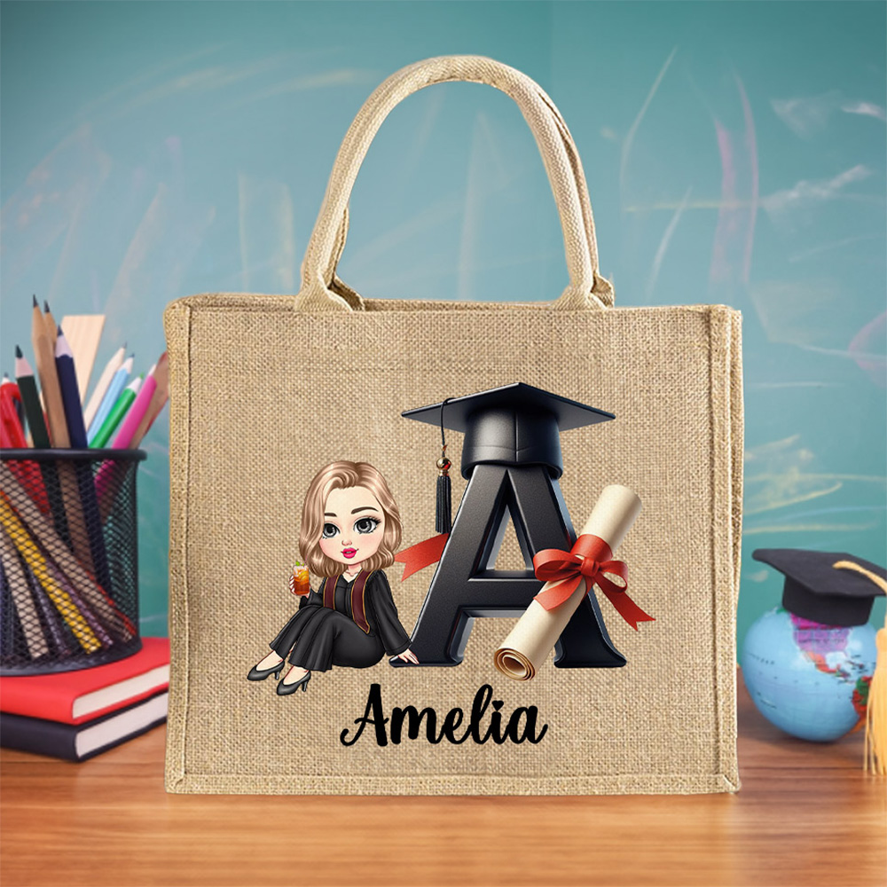 Personalized Cartoon Grad Hat Girl Initial Large Jute Tote Bag with ...