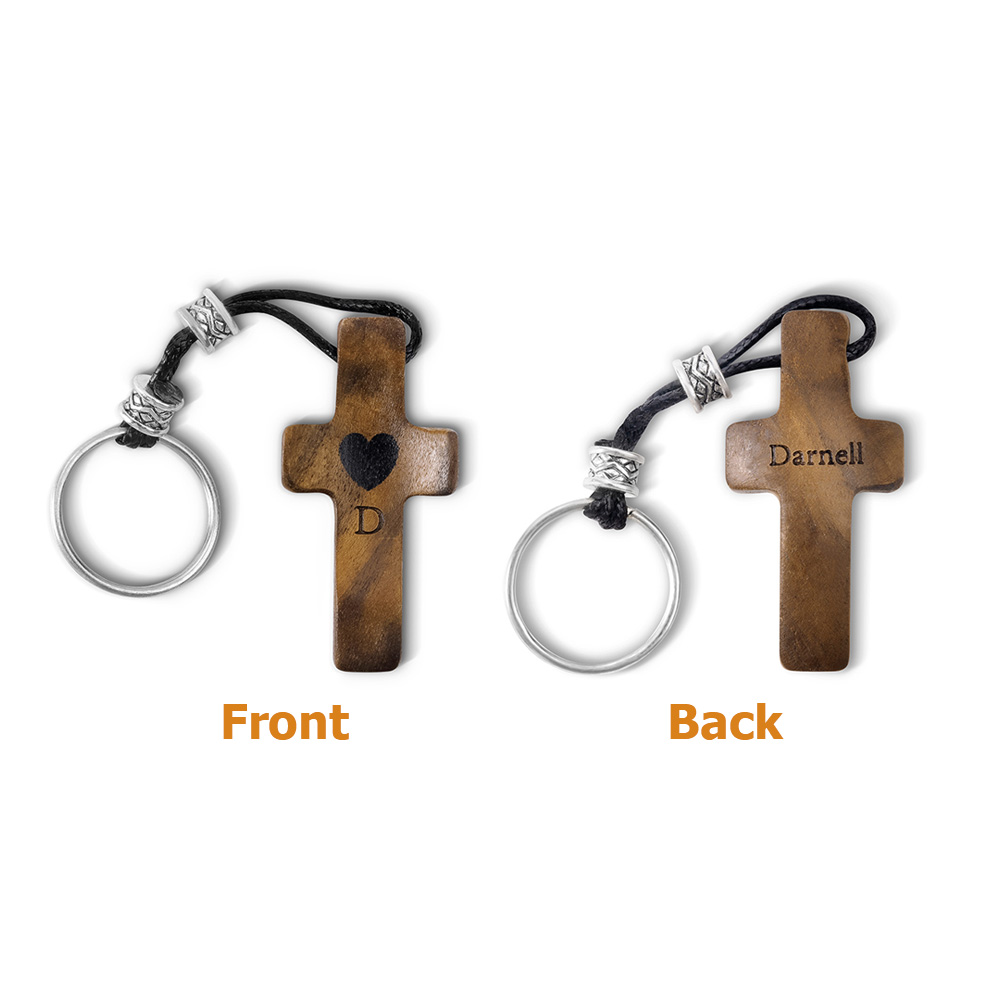 Personalized Wooden Cross Heart Keychain with Engraved Initial and Name ...