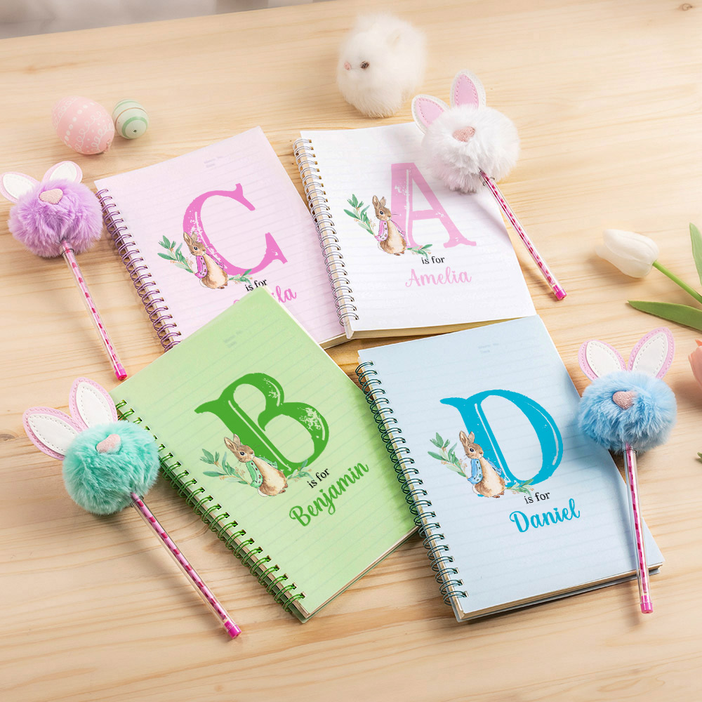 Personalized Cute Bunny Initial A5 Spiral Lined Notebook and Pom Puff ...