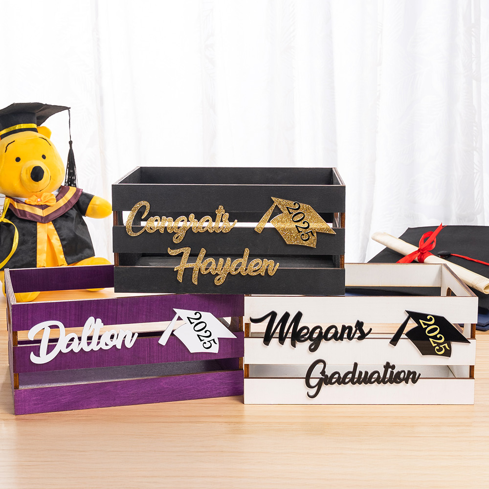 Personalised Glitter Graduation Cap Wooden Crate Storage Box with Text ...