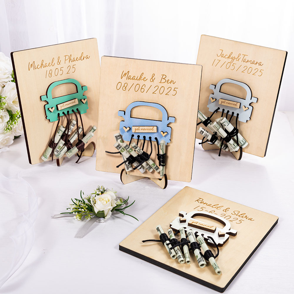 Personalized Heart Wedding Car Design Wooden Money Holder with Text ...