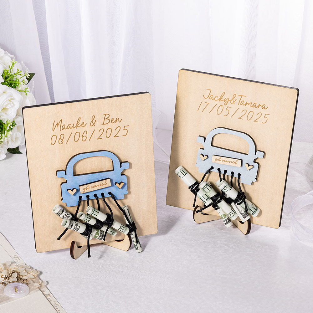 Personalized Heart Wedding Car Design Wooden Money Holder with Text ...