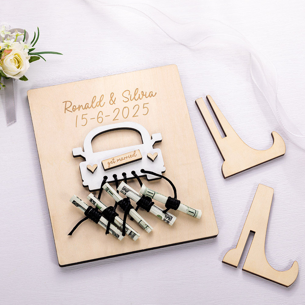 Personalized Heart Wedding Car Design Wooden Money Holder with Text ...