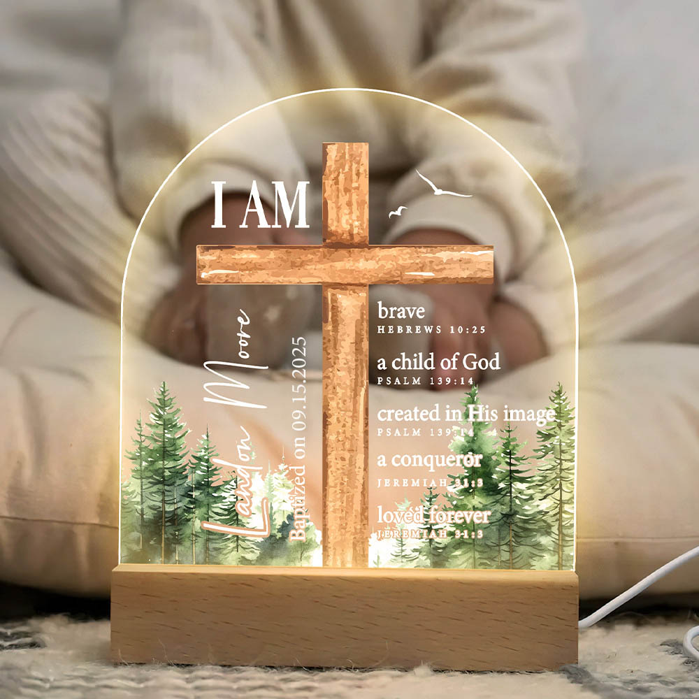 Personalized Bible Verse Cross LED Night Light with Wood Base Baptism ...