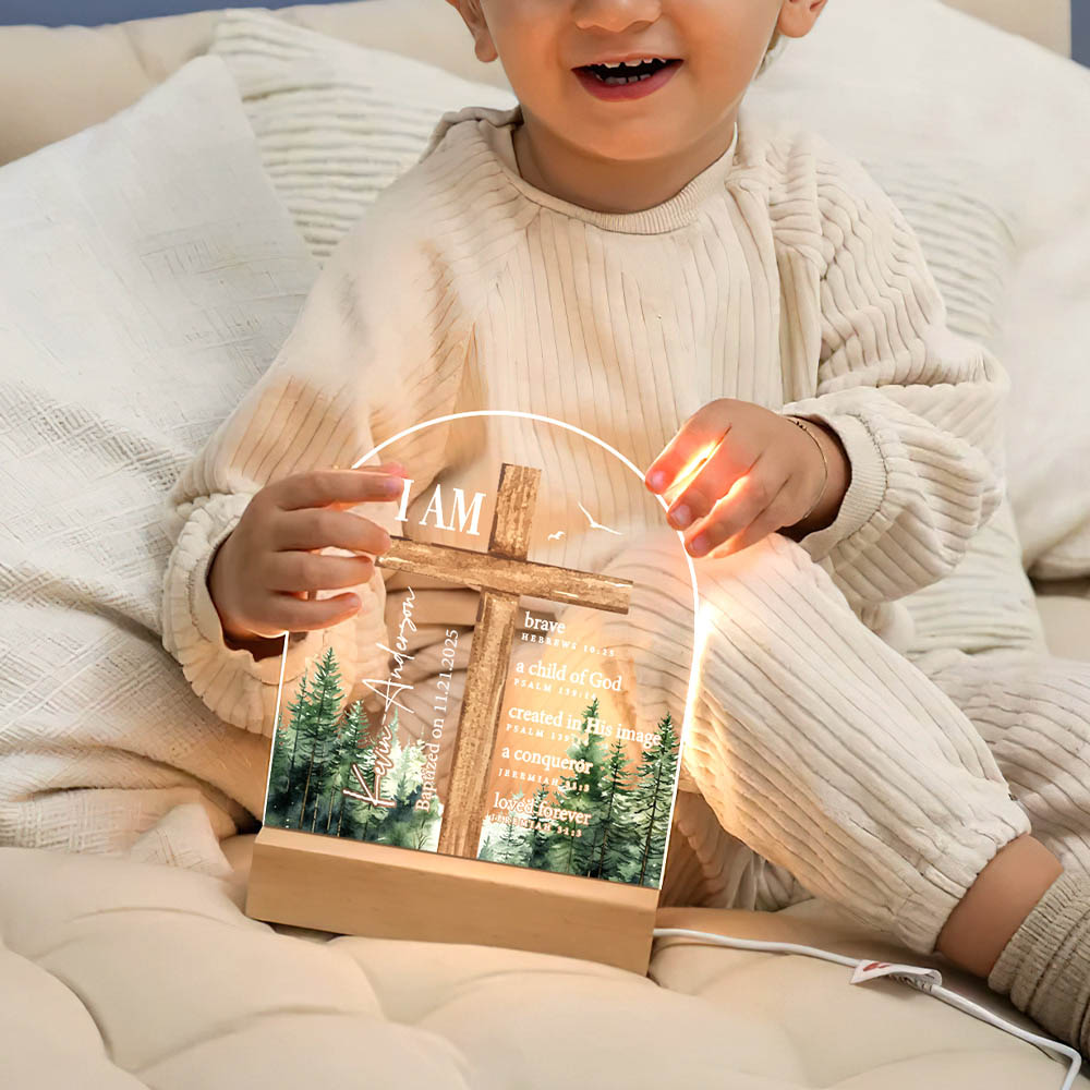 Personalized Bible Verse Cross LED Night Light with Wood Base Baptism ...