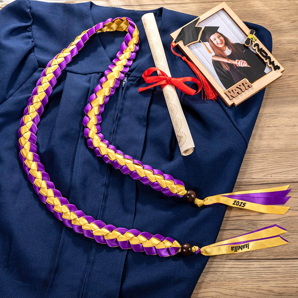Personalized Two-colored Ribbon Braided Lei with Name and Wood Beads ...