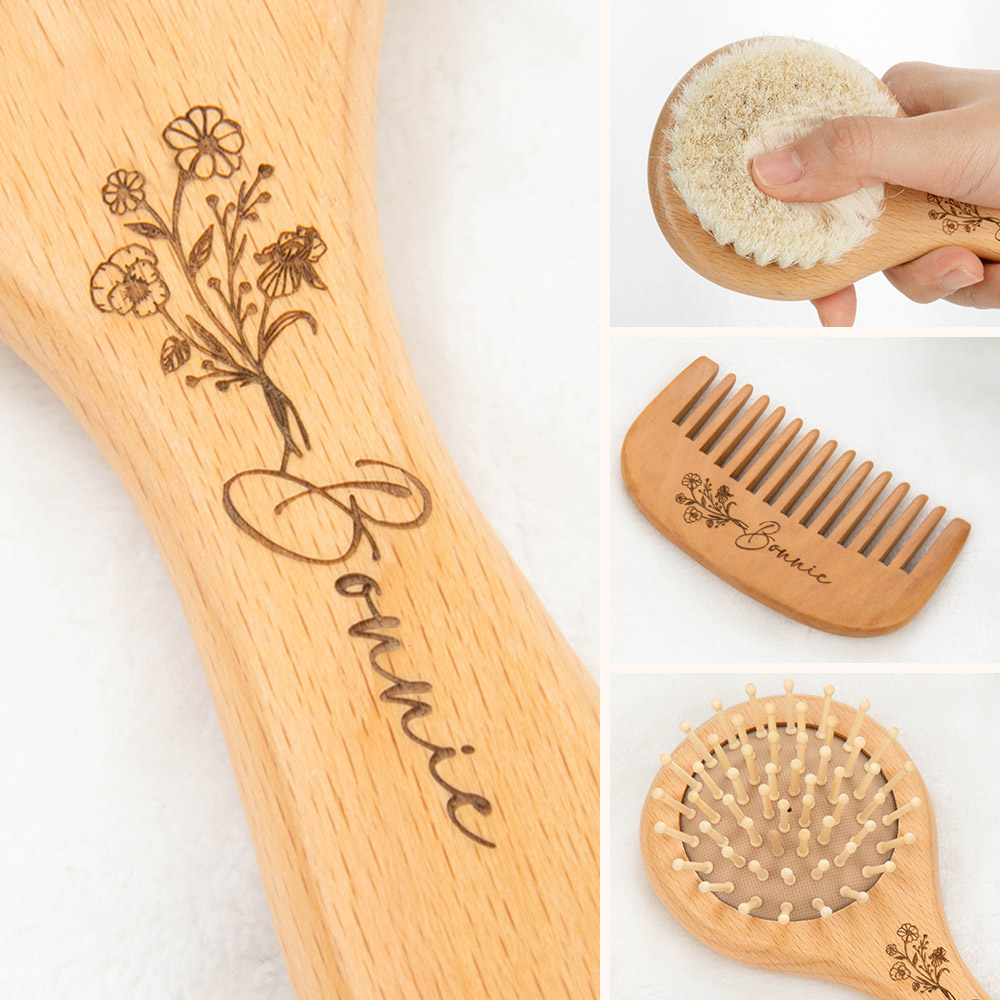 Personalized Wooden Birth Flower Baby Hair Brush Comb Set with Name ...