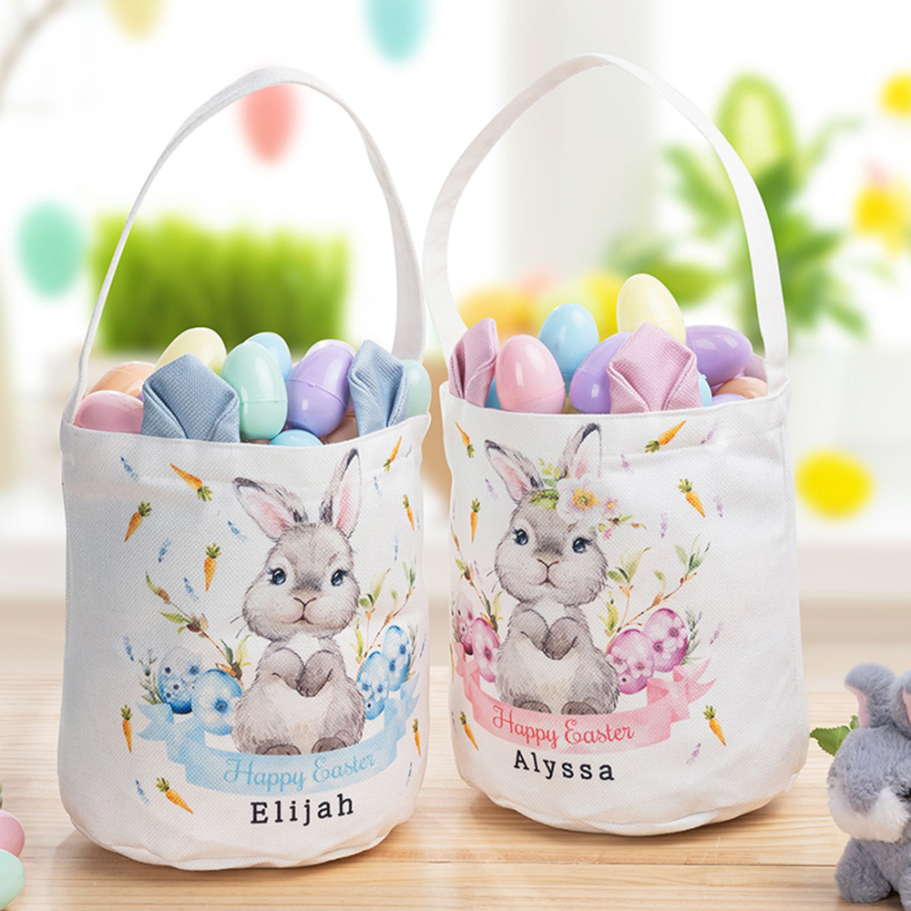 Personalized Cute Easter Bunny Reusable Basket with Name and Rabbit ...