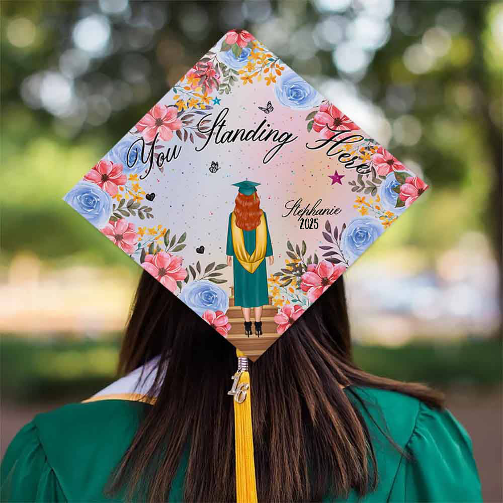Personalized Back Silhouette Floral Grad Cap Decor with Name and Year ...