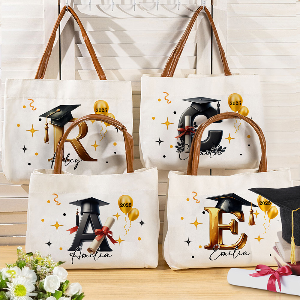 Personalized Graduation Cap Initial Large Canvas Tote Bag with Name and ...
