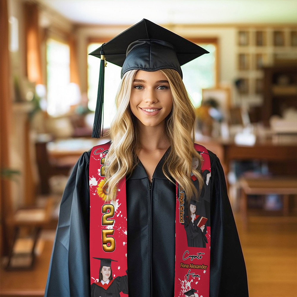 Personalized Photo Collage Multicolor Flower Graduation Stole with Text ...