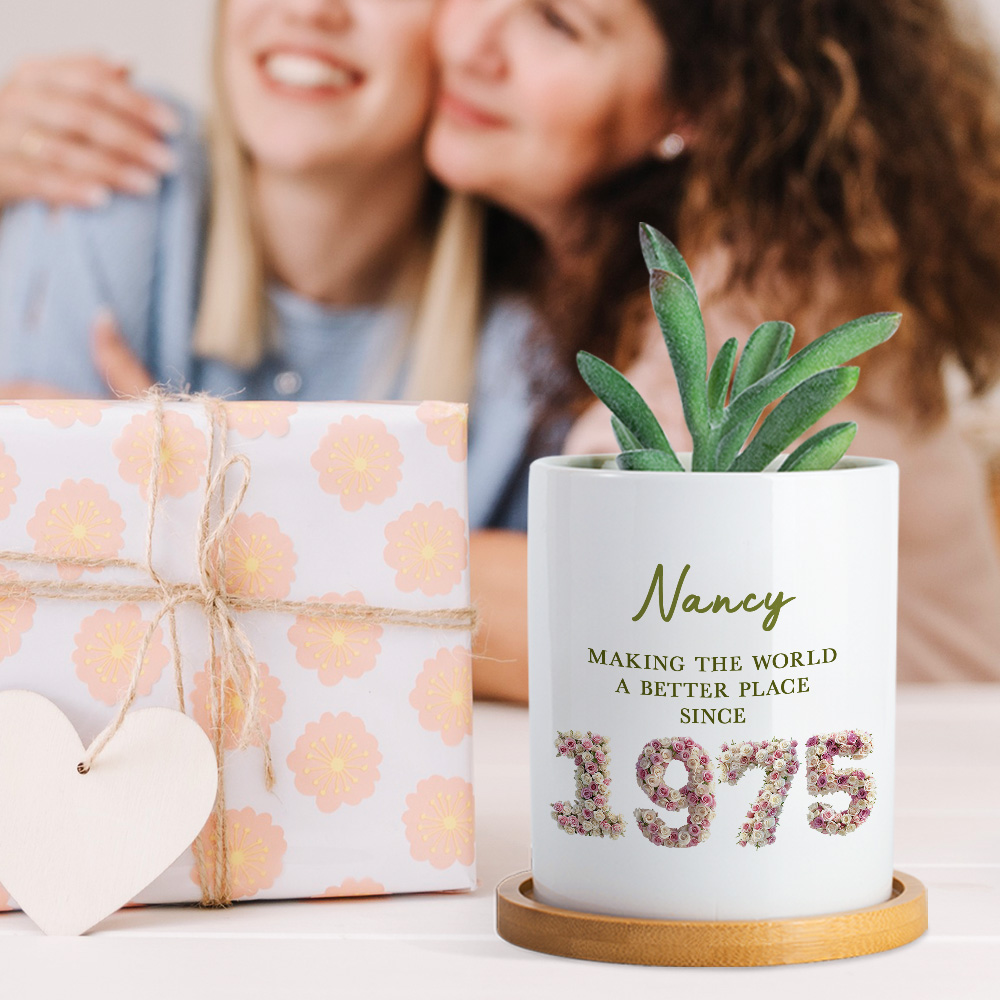 Personalized 3D Birth Year Roses Feathers Succulents Ceramic Planter ...