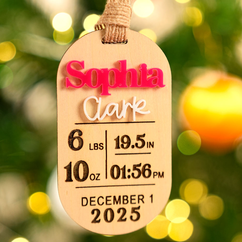 Personalised Wooden Engraved Birth Announcement Stats Ornament with ...