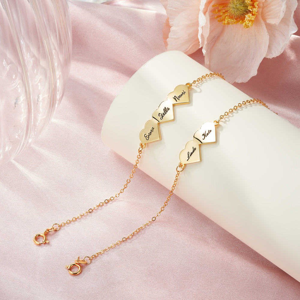 Personalized 1-4 Hearts Engraved Names Bracelet Dainty Women Jewelry ...