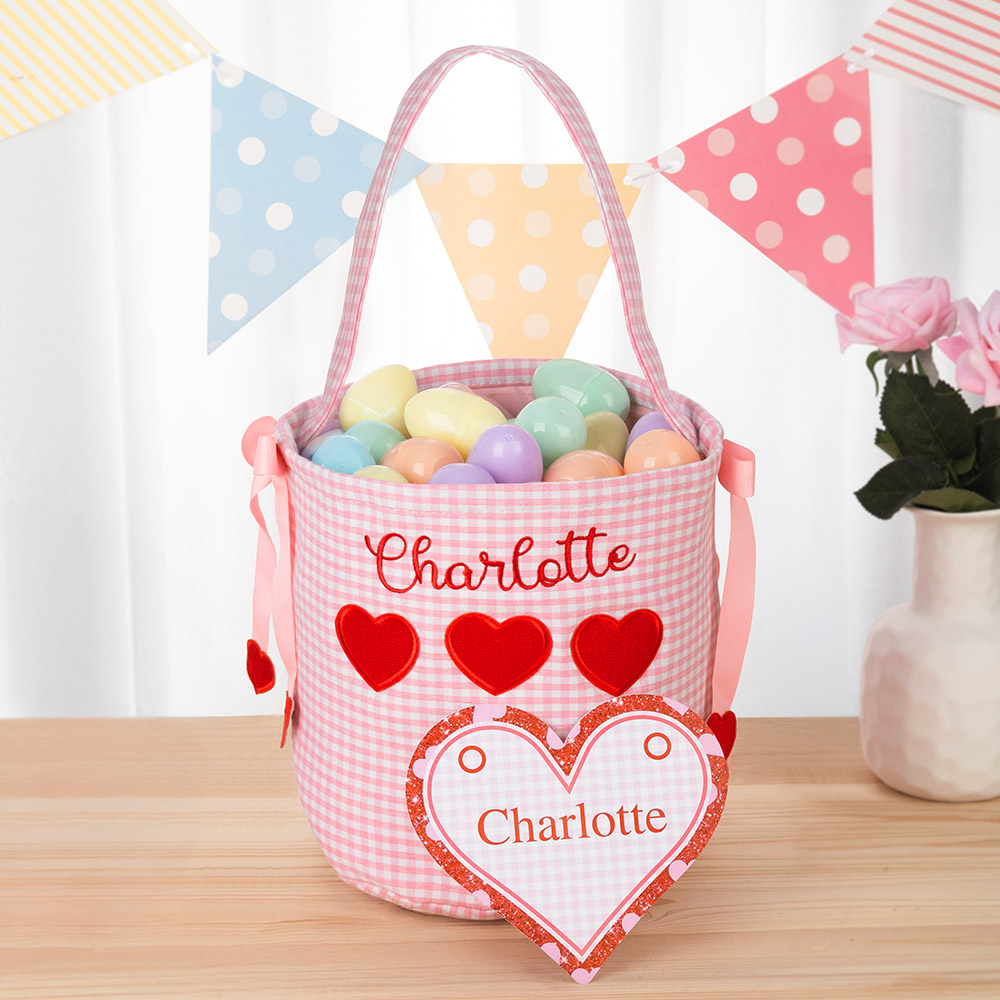 Personalised Gingham Heart Bucket Bag with Embroidered Name and Heart ...