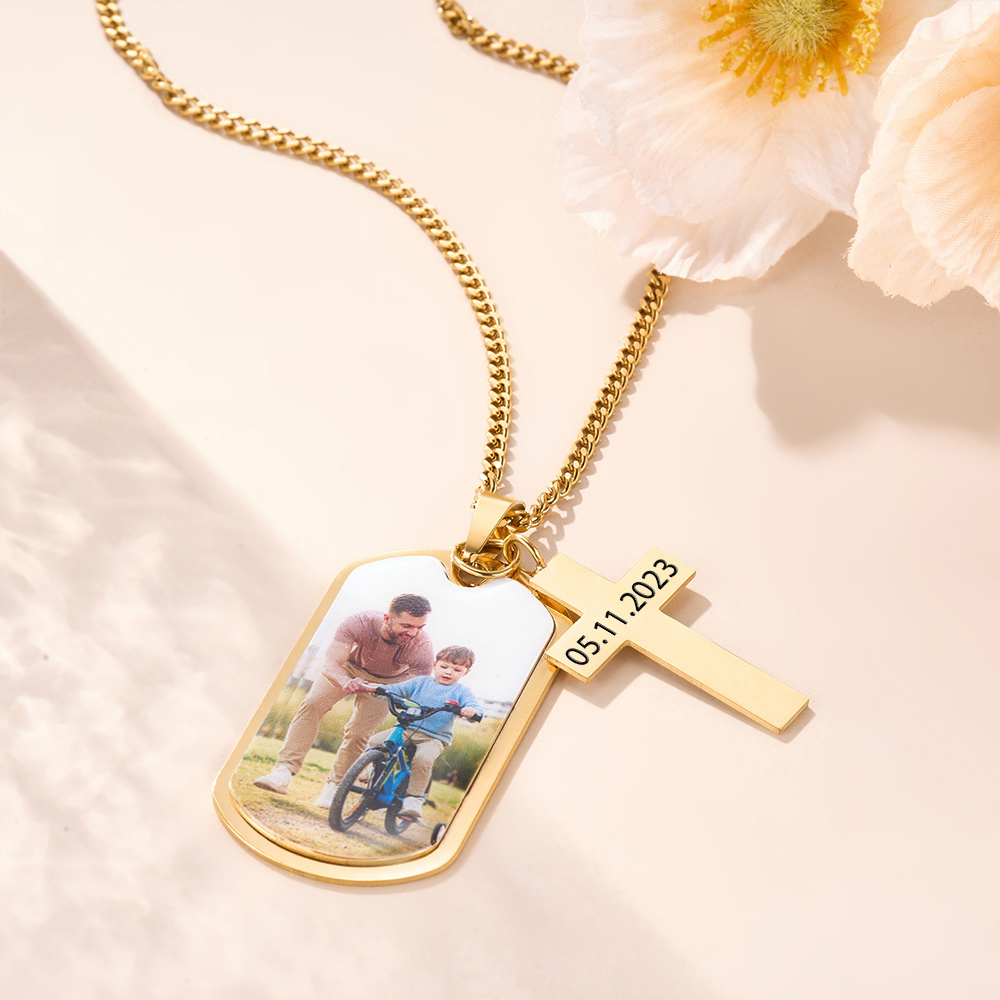 Gepersonaliseerde foto kruis dog tag ketting met gegraveerde tekst ...
