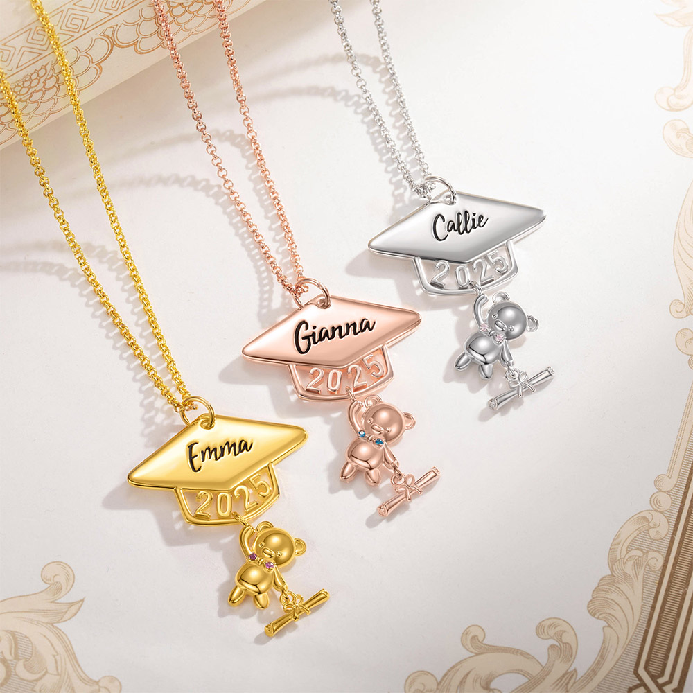 Personalized Cute Bear Graduation Necklace with Engraved Name and ...