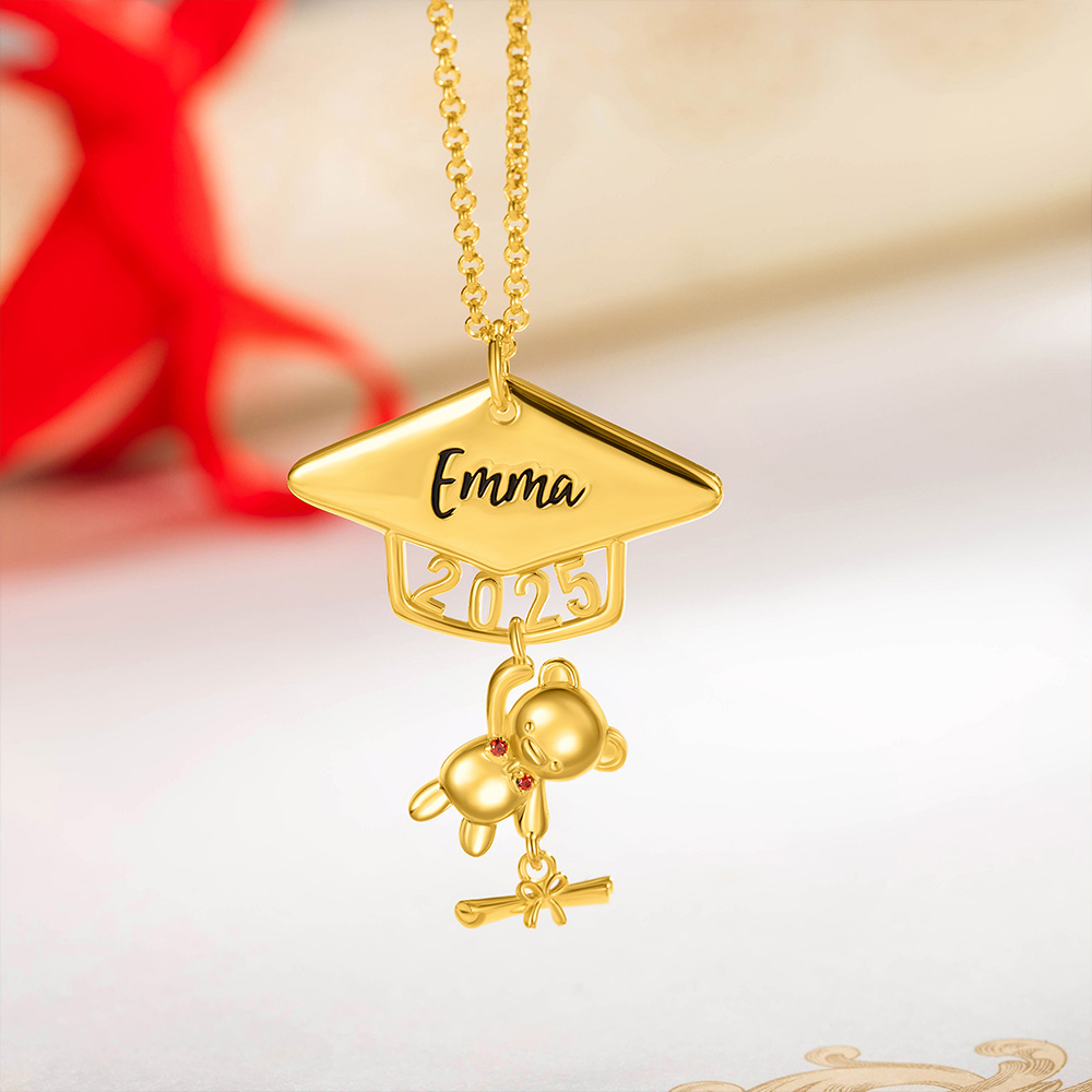 Personalized Cute Bear Graduation Necklace with Engraved Name and ...