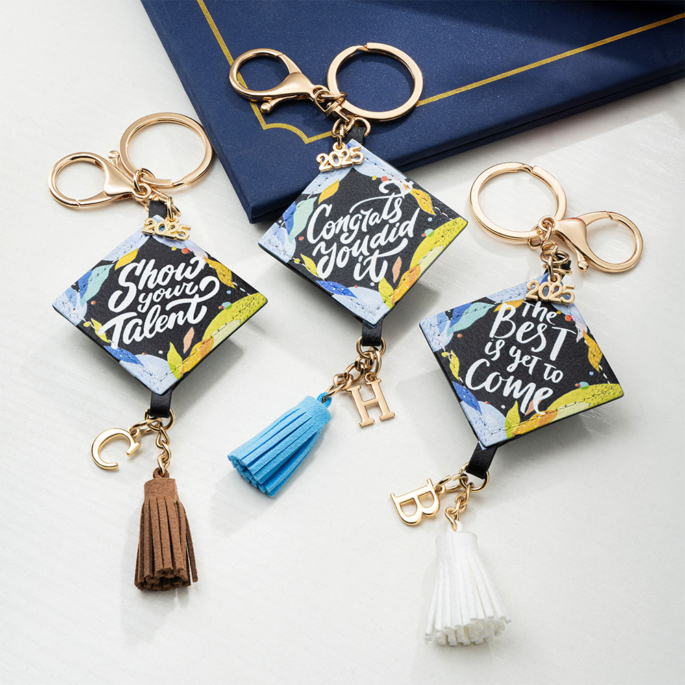 Personalized Colorful Leather Graduation Cap Keychain with Initial and ...