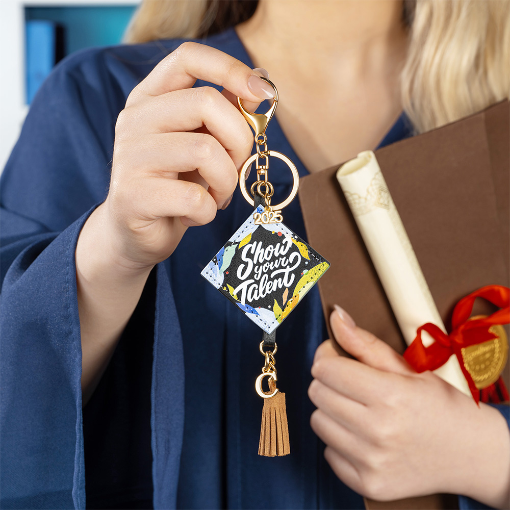 Personalized Colorful Leather Graduation Cap Keychain with Initial and ...