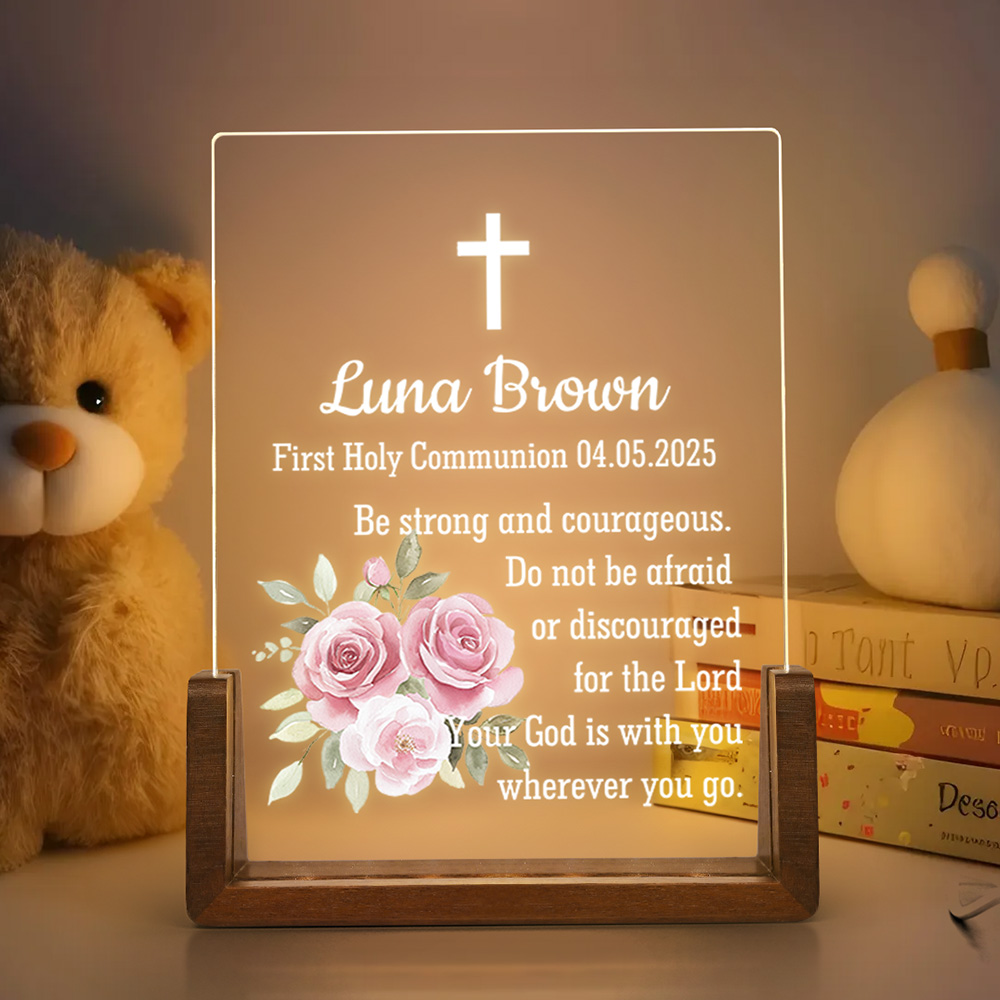 Personalised Flower Leaf Wreath Cross Wooden Base LED Night Light with ...