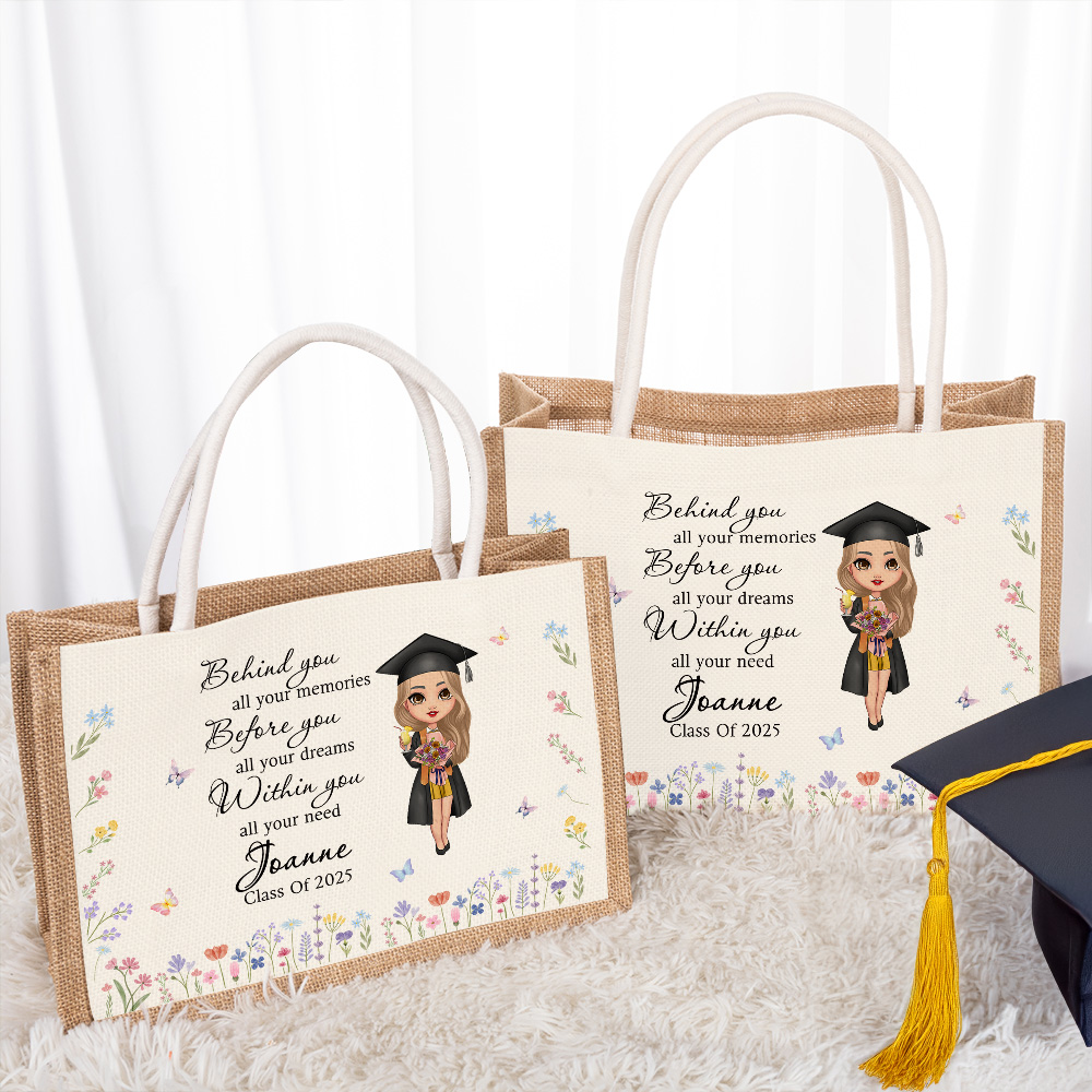 Personalised Cartoon Graduate Floral Reusable Jute Tote Bag - Year ...