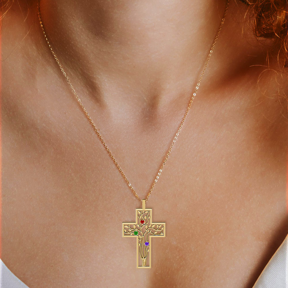 Personalized Cross 2-10 Birthstones Family Tree Necklace Dainty Jewelry ...
