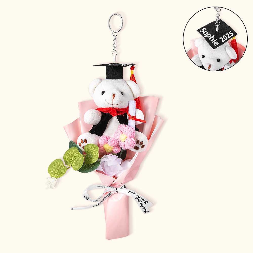 Personlig Graduation Bear Keyring Stickad blomsterbukett med namn och ...