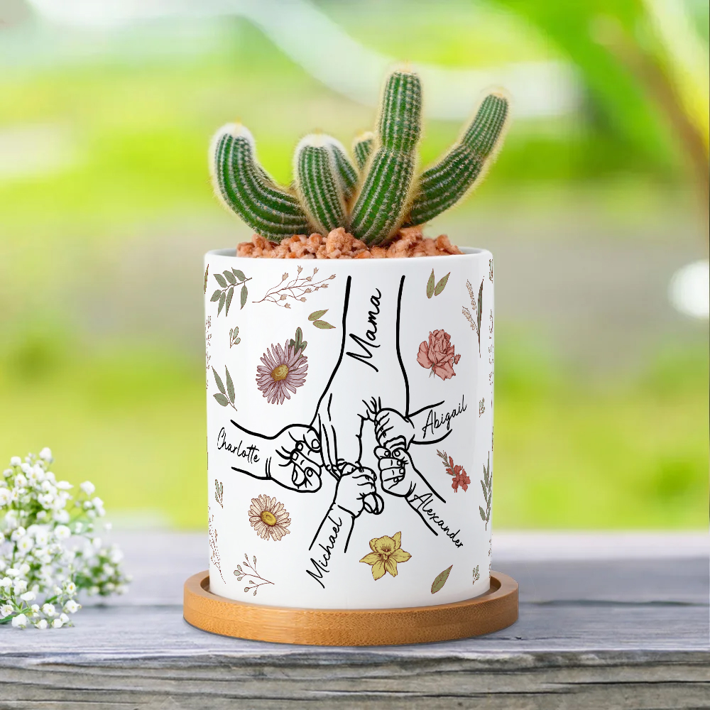 Personalized Birth Flower Hand In Hand Planter Pot With Name and Bamboo ...