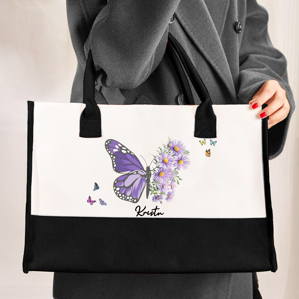 Personalized Birth Flower Butterfly Large Canvas Tote Bag with Name ...